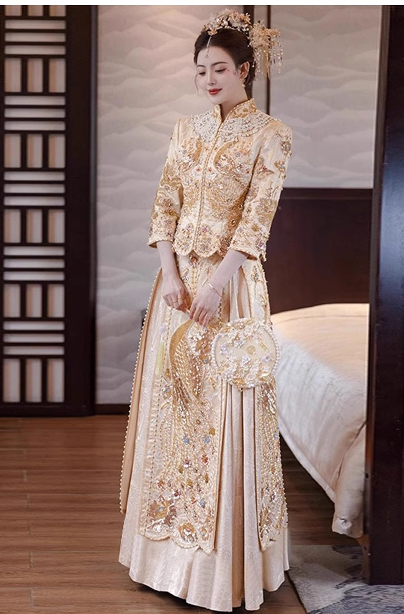 Golden Bridal beaded Traditional Chinese Wedding Qun Kwa Dress ...