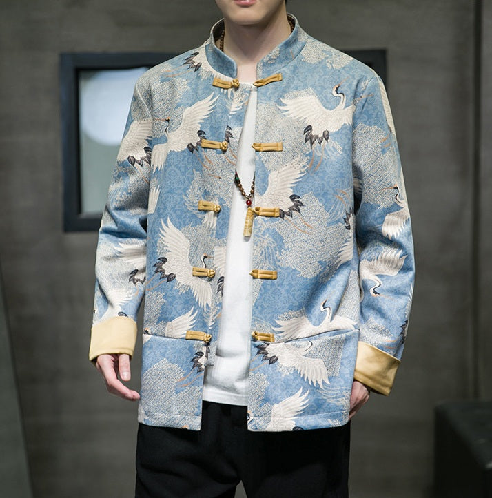 Light Blue Men’s Traditional Tang Suit Jacket with Crane Bird – Oriental Me