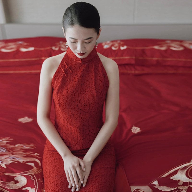 Red Halter Lace Cheongsam Qipao Dress – Oriental Me